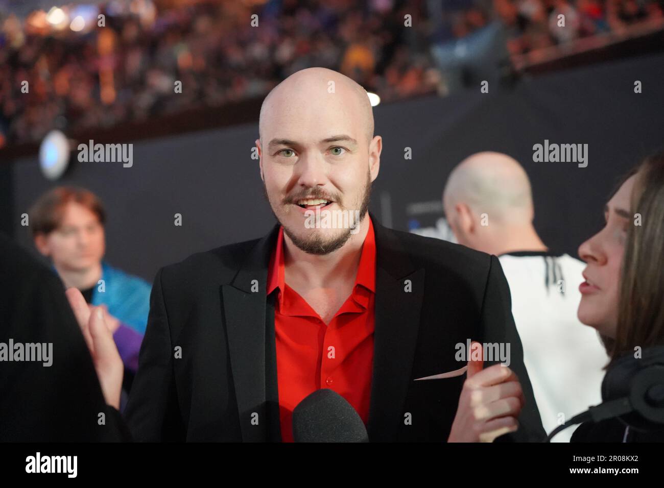 Berlin, Germany. 07th May, 2023. Host Jake "Slacks" Kanner interacts ...