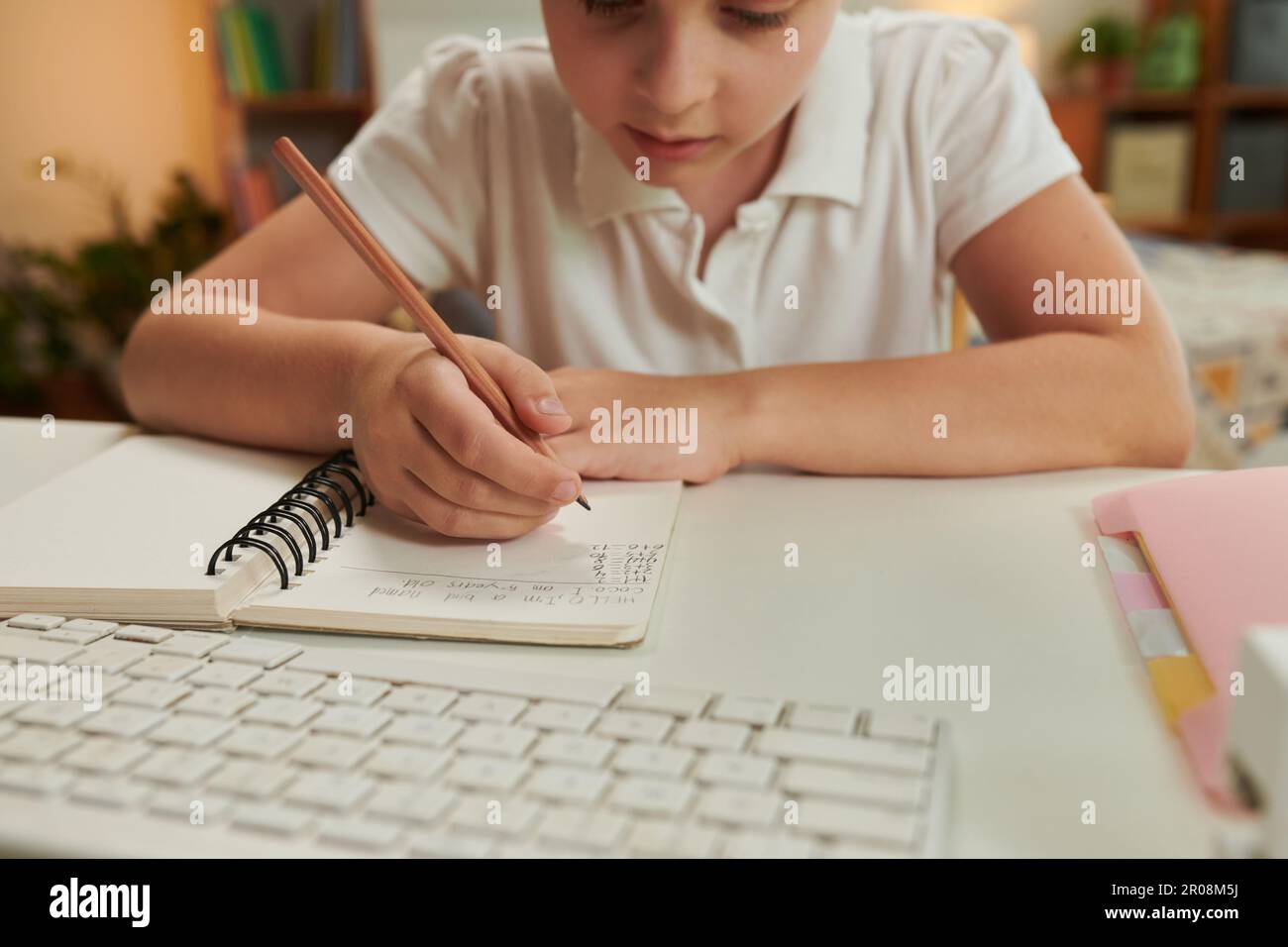 Diligent schoolgirl doing homework after classes Stock Photo - Alamy