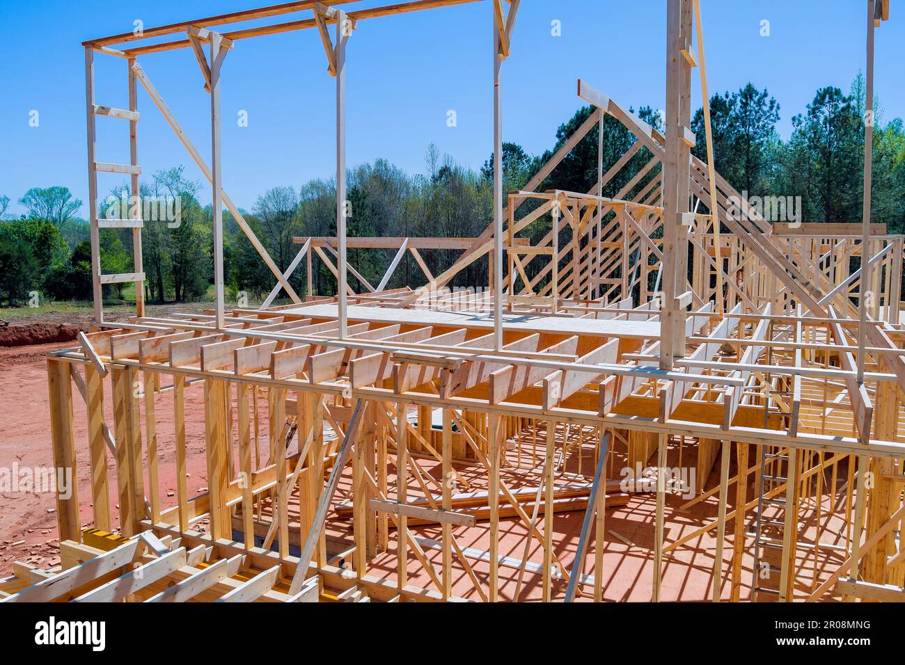 Construction frame house of wooden beam stick frame on new build home ...