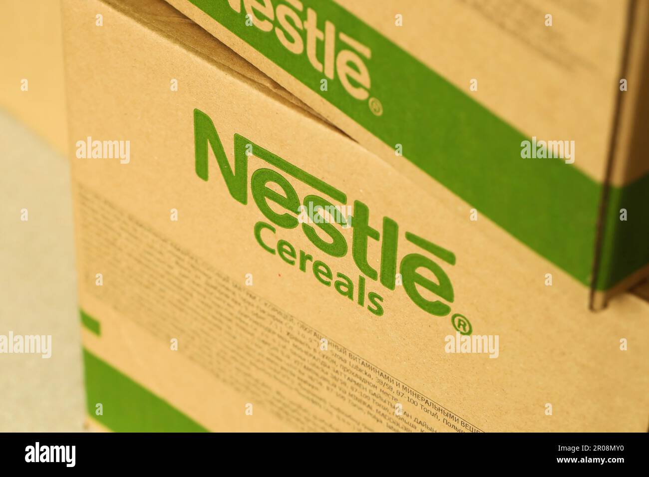 KYIV, UKRAINE - MAY 4, 2022 Big cardboard boxes with logo of Nestle ...