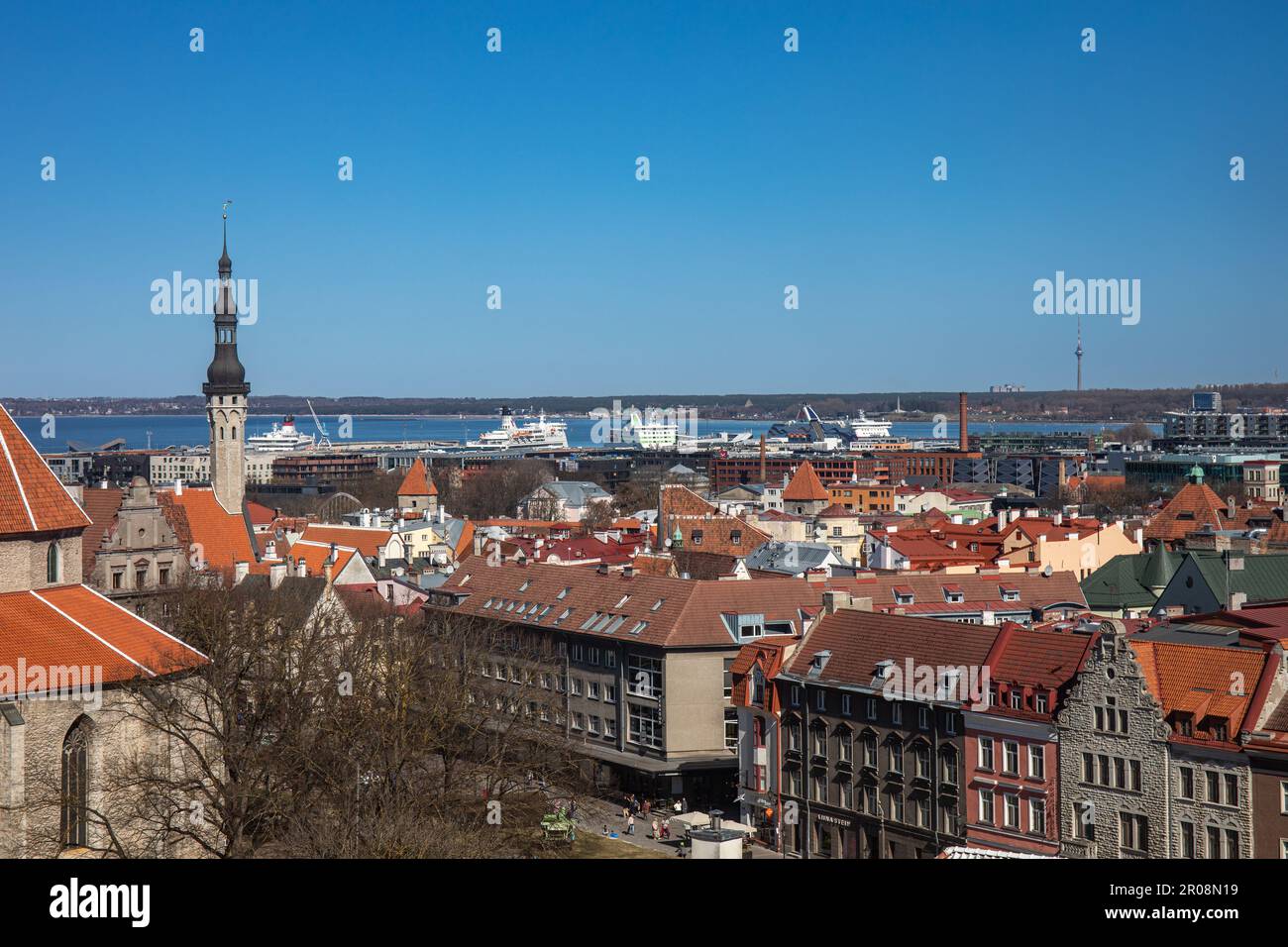 Aerial view of Old Town or Vanalinn rooftops on a sunny spring day ...