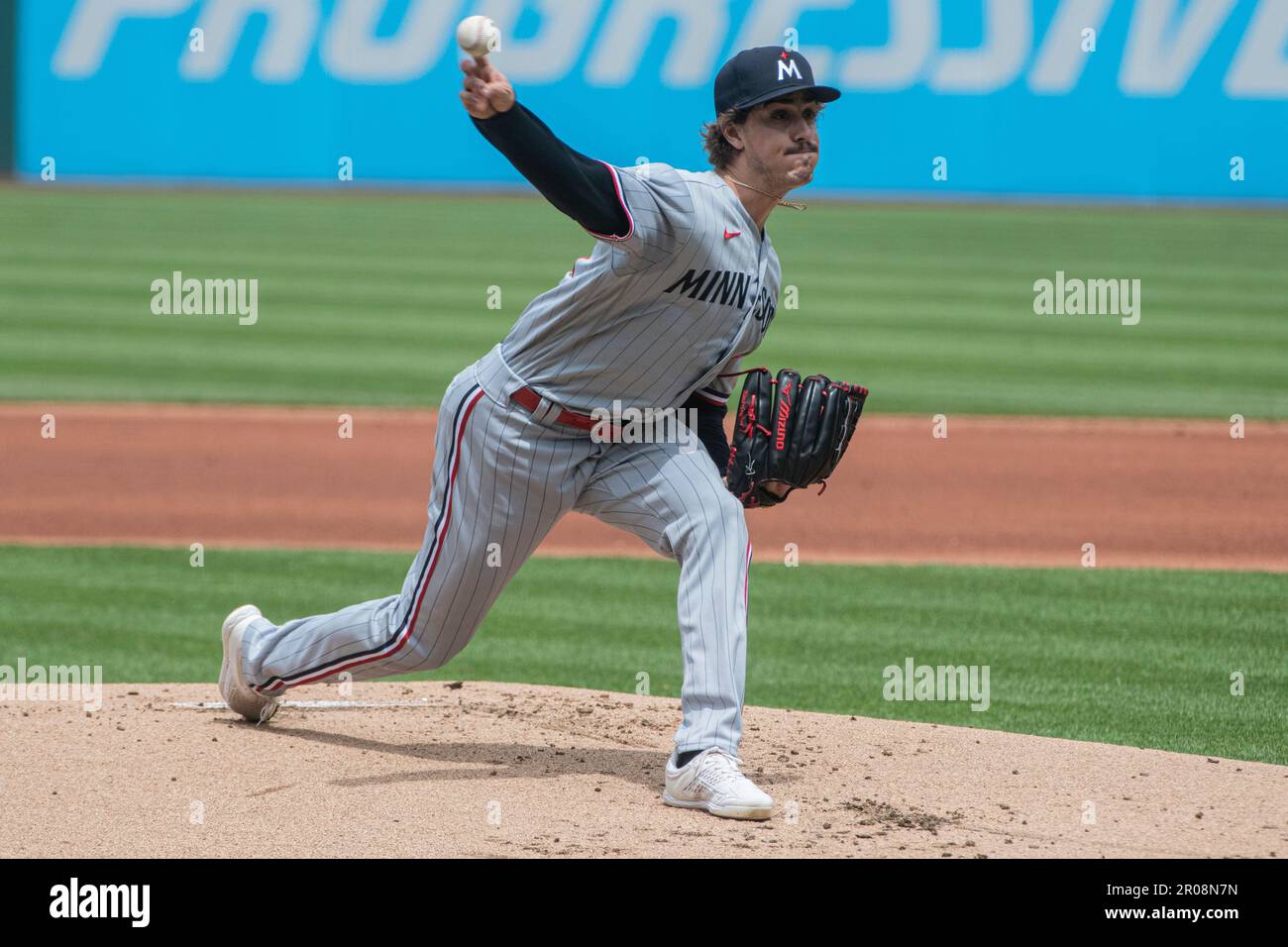 Minnesota Twins starting pitcher Joe Ryan delivers against the Cleveland Guardians during the ...
