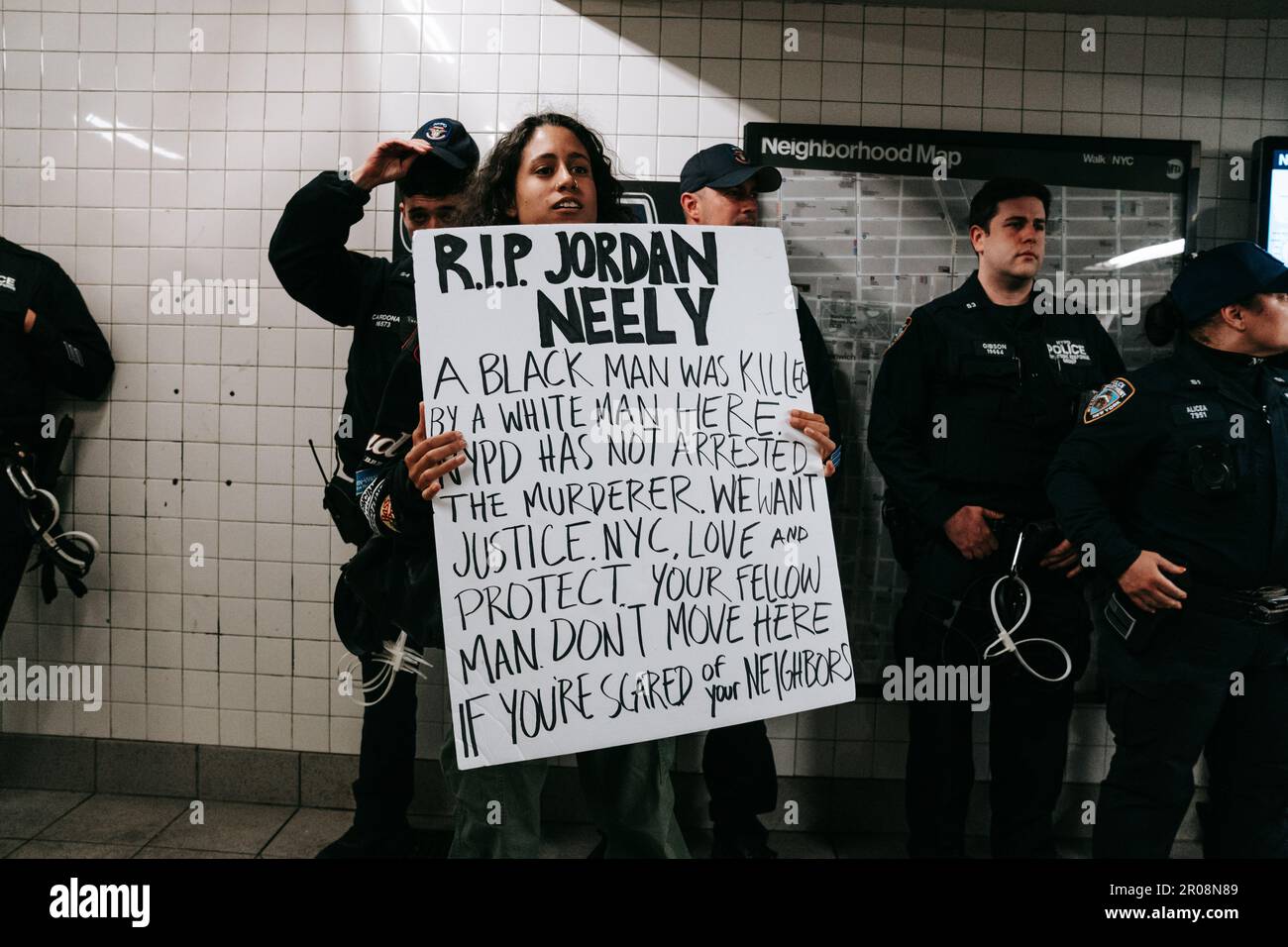 New York, United States. 03rd May, 2023. Protestor marches past a line ...
