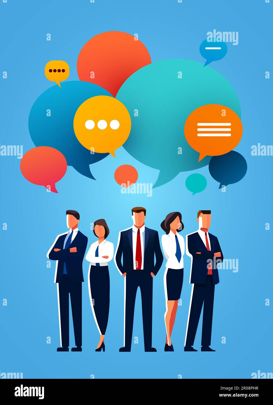 Business people standing together as a team chatting and speaking ...