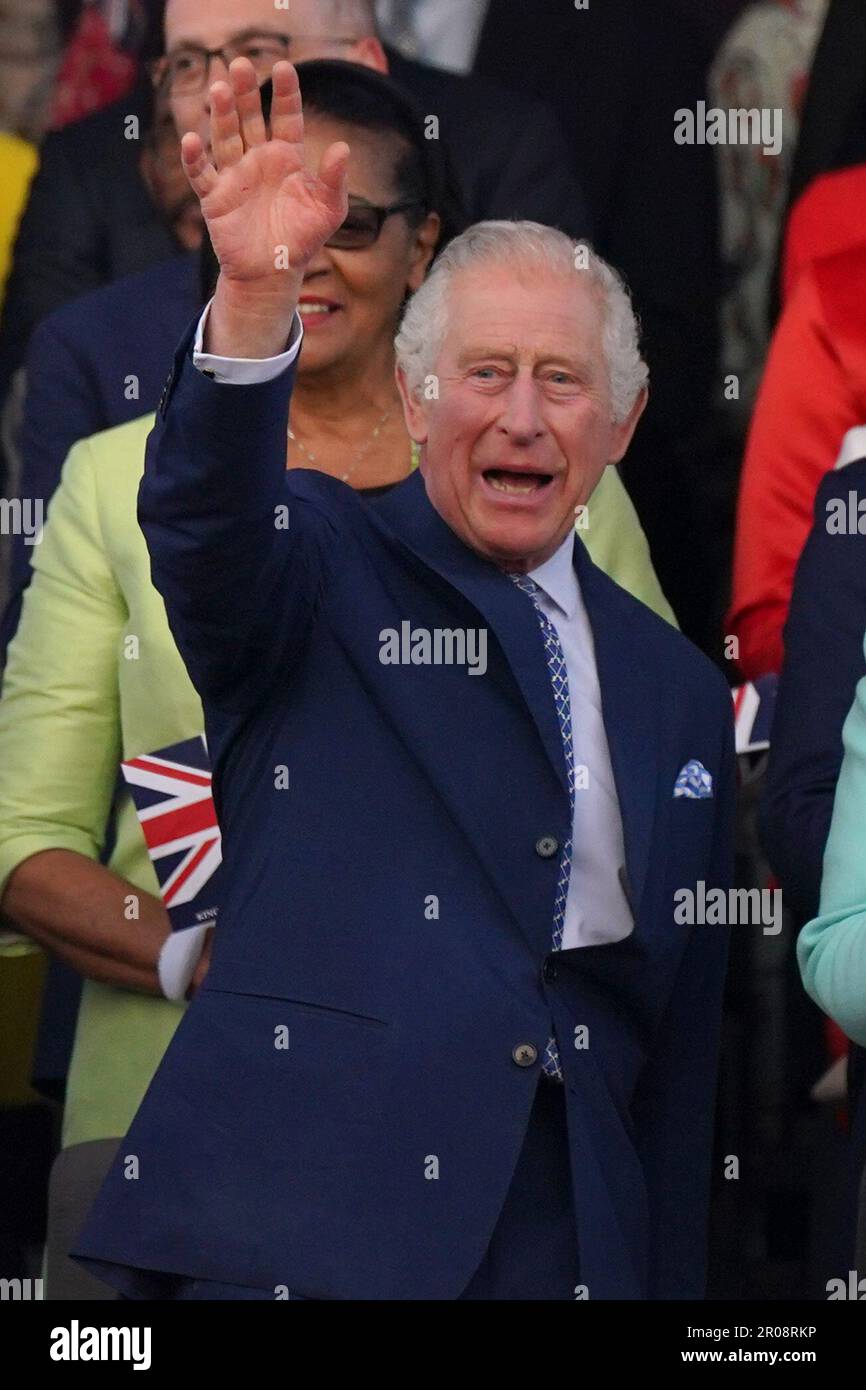 King Charles III in the Royal Box viewing the Coronation Concert held ...