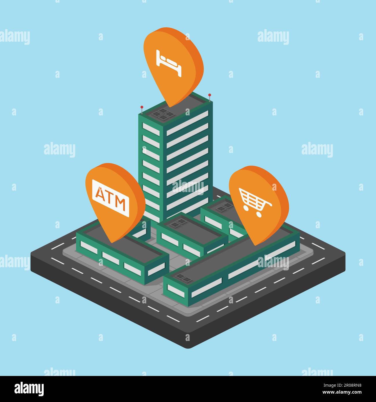 city center downtown block isometric hotel apartment store atm map ...