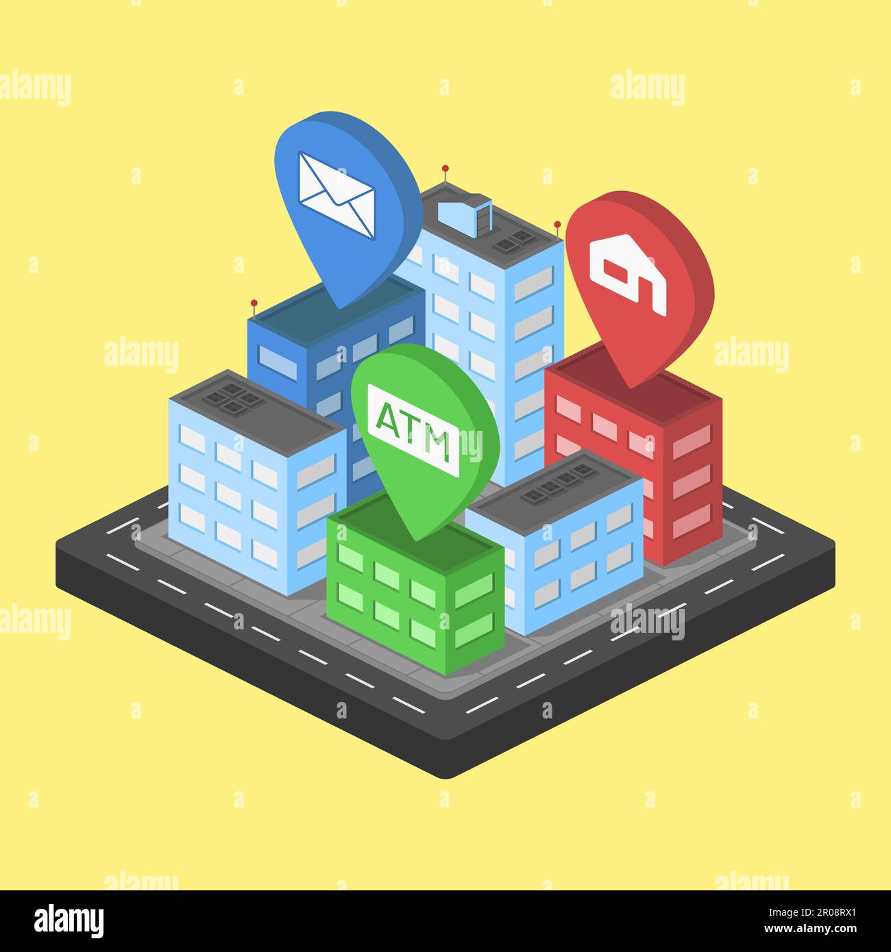 city center downtown block isometric rent apartment post atm map vector ...