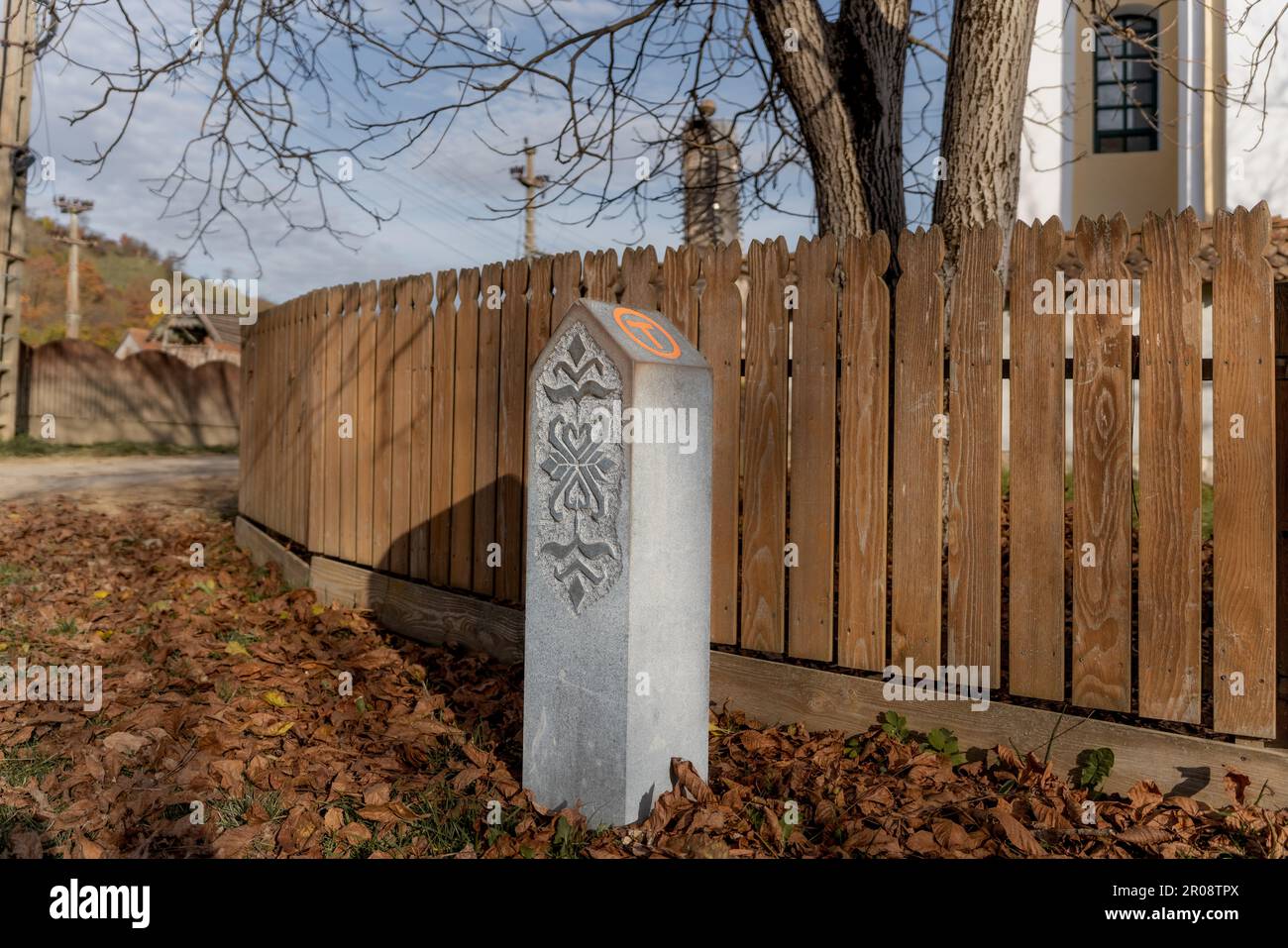 Marker stone with the "Via Transilvanica" symbol on it. These waystones ...