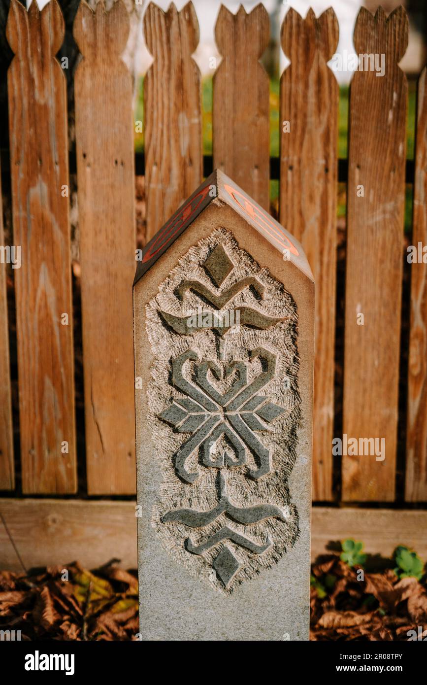Marker stone with the "Via Transilvanica" symbol on it. These waystones ...