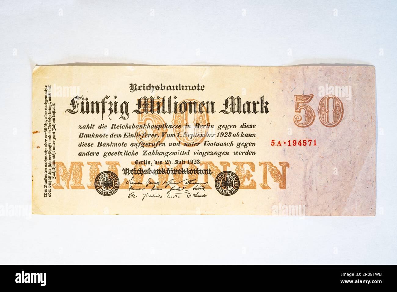 Banknote worth 50 million marks originating from Germany from the time ...