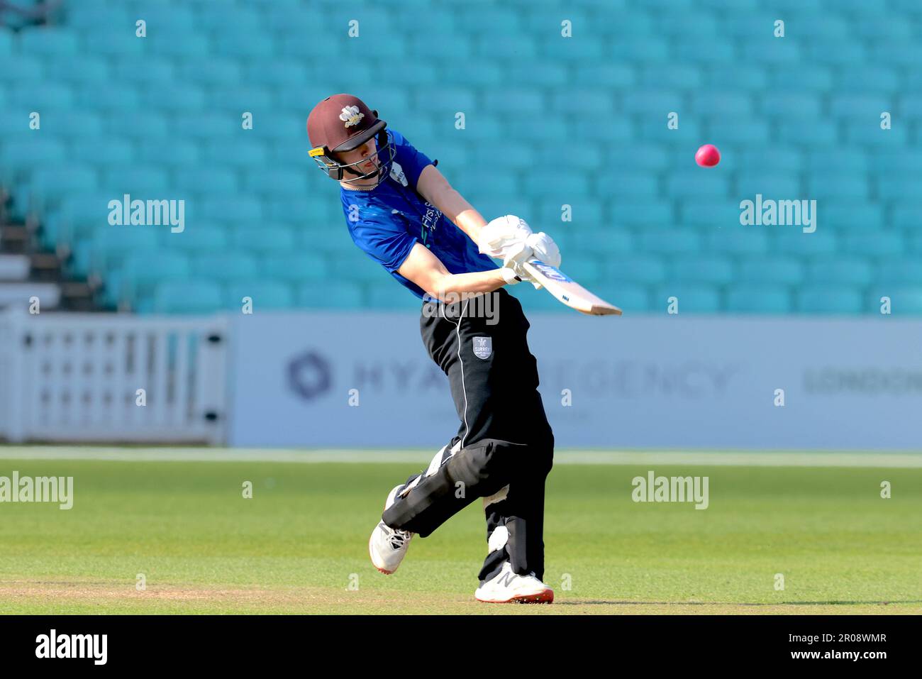 7 May, 2023, London, UK. Surrey’s Carter-Martina hits one over the top ...