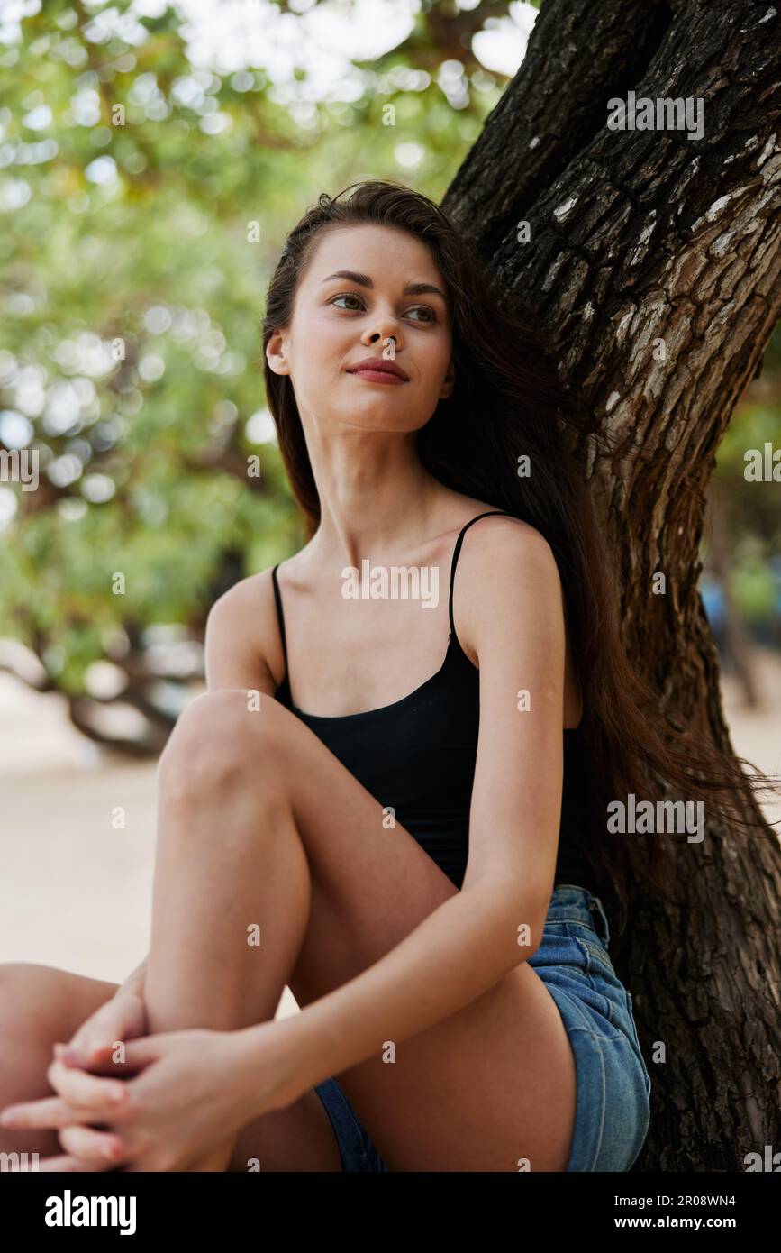 Woman Sky Smiling Nature Tree Sitting Sea Lifestyle Beautiful Vacation