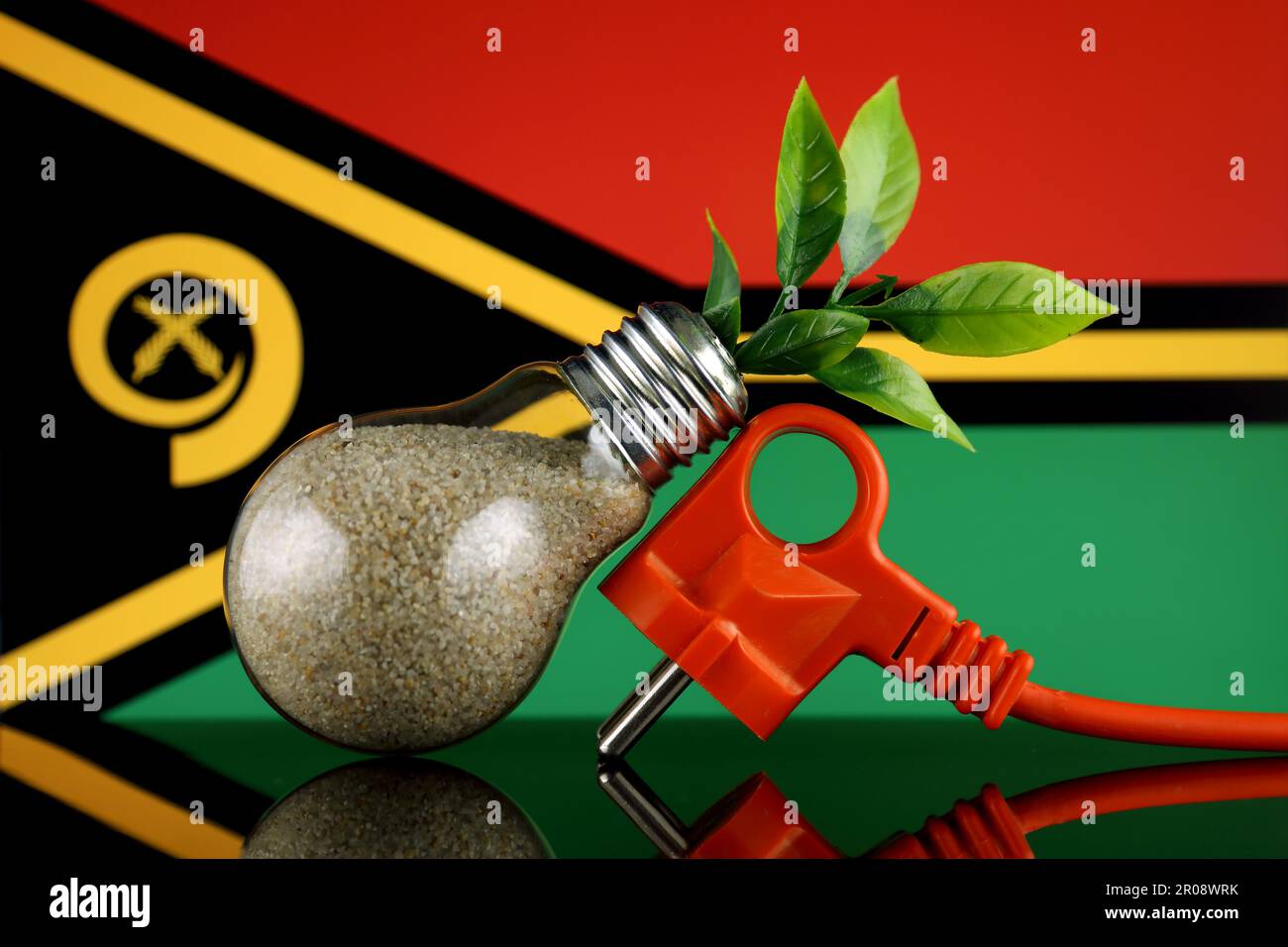 Plug, plant growing inside the light bulb and Vanuatu Flag. Green eco ...