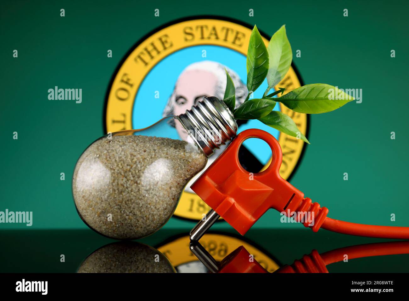 Plug, plant growing inside the light bulb and Washington State Flag ...