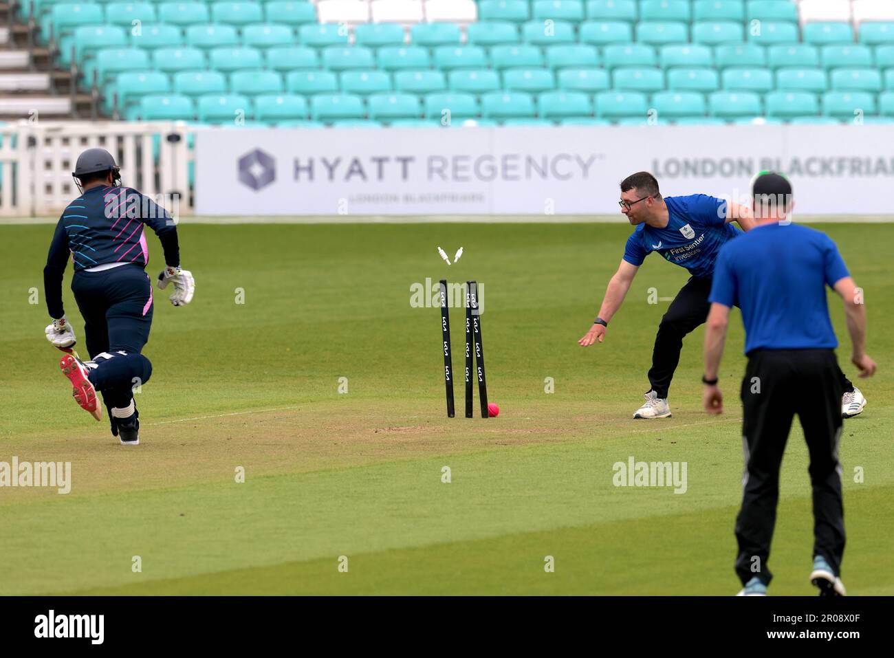 7 May, 2023, London, UK. Jan run out by bowler Matt Harris as Surrey ...