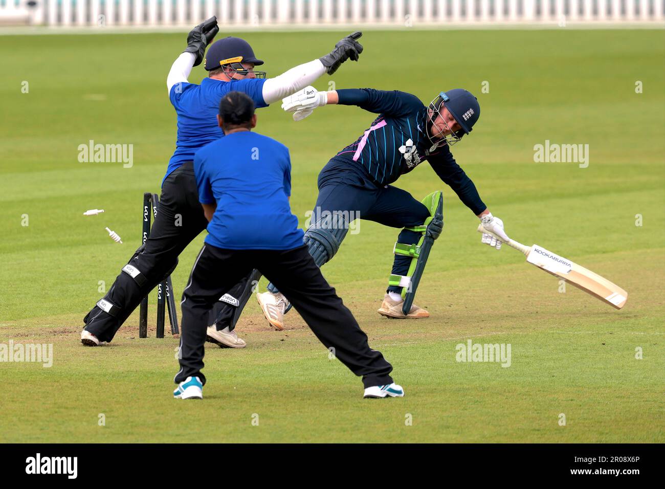 7 May, 2023, London, UK. Surrey’s Jack Lofthouse stumps George Greenway ...