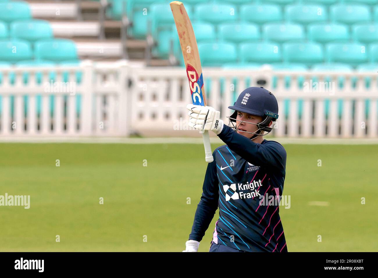 7 May, 2023, London, UK. Middlesex’s Maddox Colby raises his bat after ...