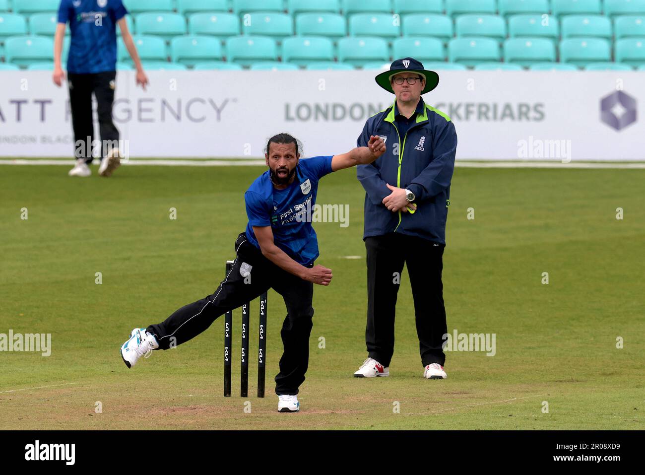 7 May, 2023, London, UK. Surrey’s Asif Abbasi bowling as Surrey ...