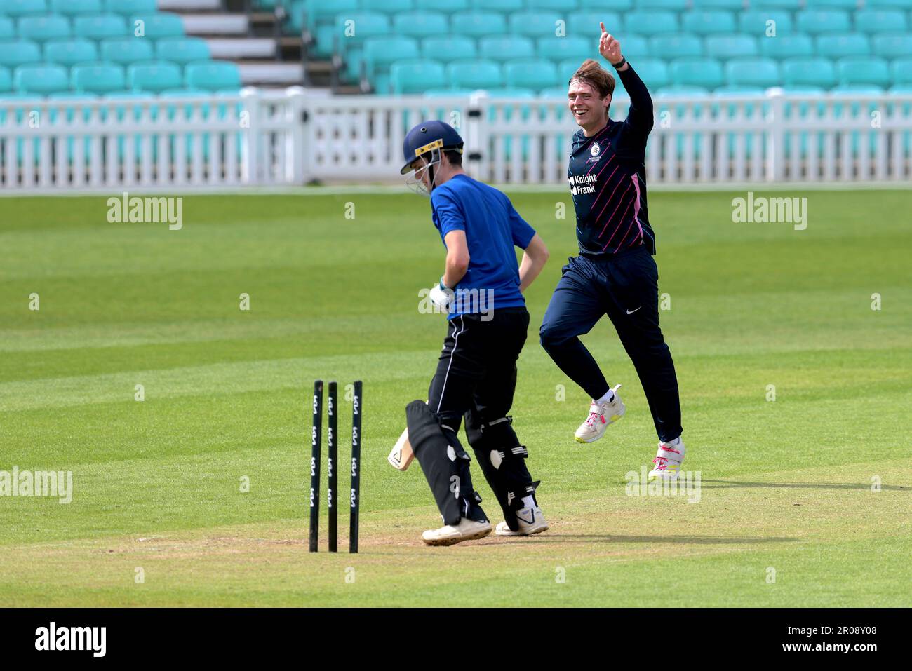7 May, 2023, London, UK. Middlesex’s James Nordin bowls James Grindrod ...