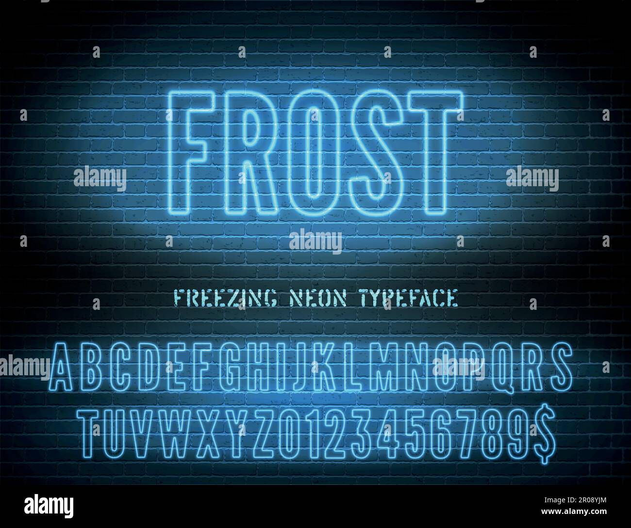 Narrow blue neon font with numbers on dark brick wall background ...