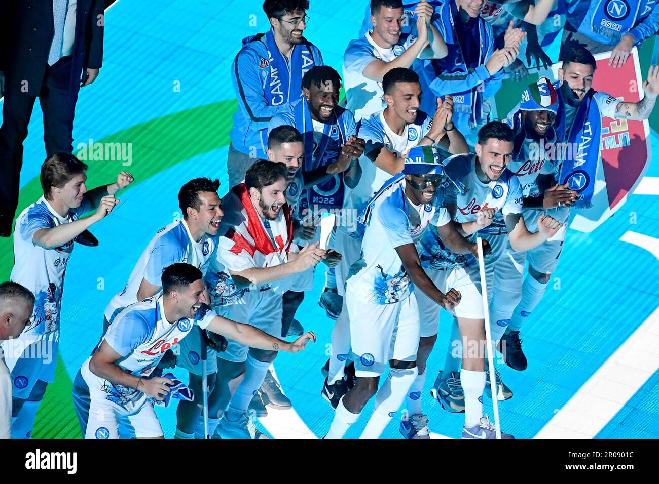 Naples, Italy. 07th May, 2023. Napoli players celebrate the victory of ...