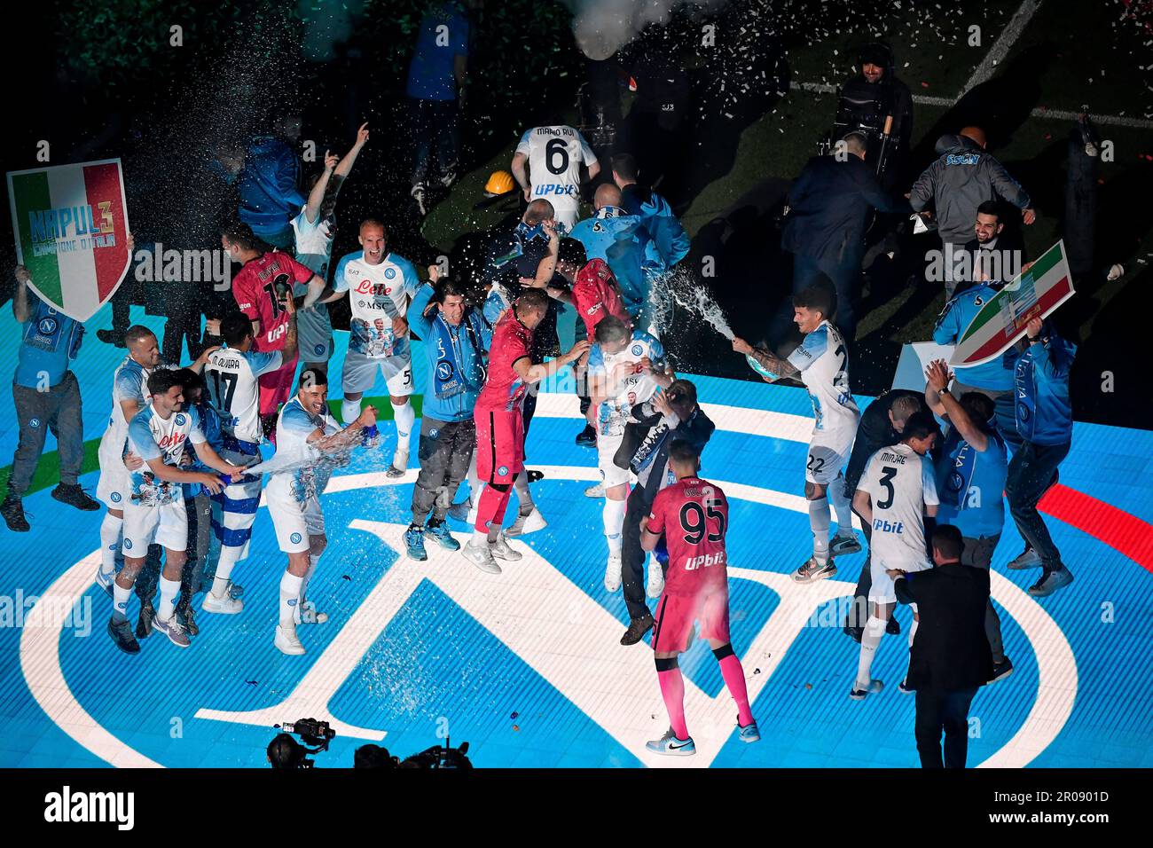 Naples, Italy. 07th May, 2023. Napoli players celebrate the victory of ...