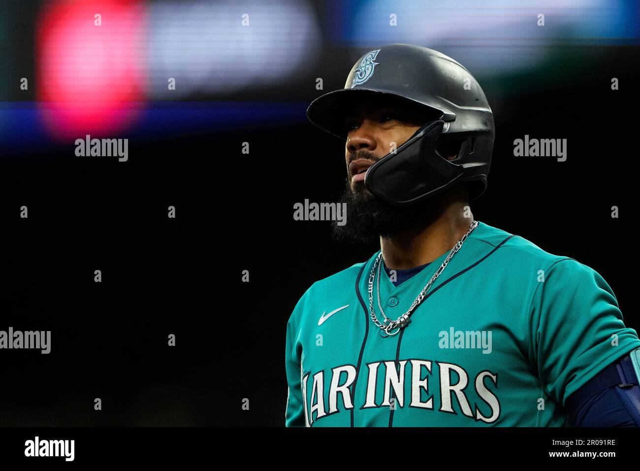 Seattle Mariners' Teoscar Hernandez looks on before an at-bat against ...