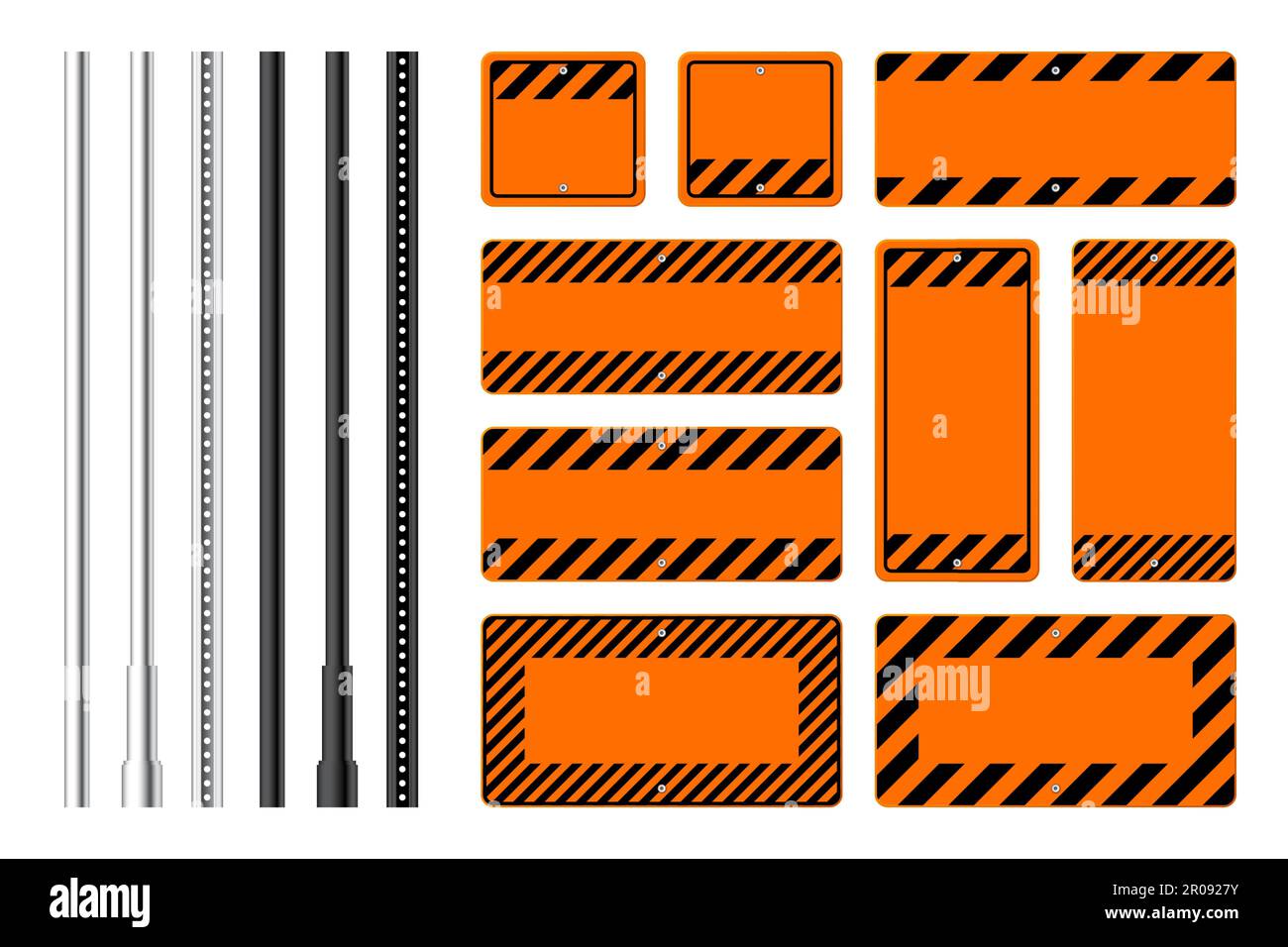 Warning, danger signs, attention banners with metal poles. Blank orange ...
