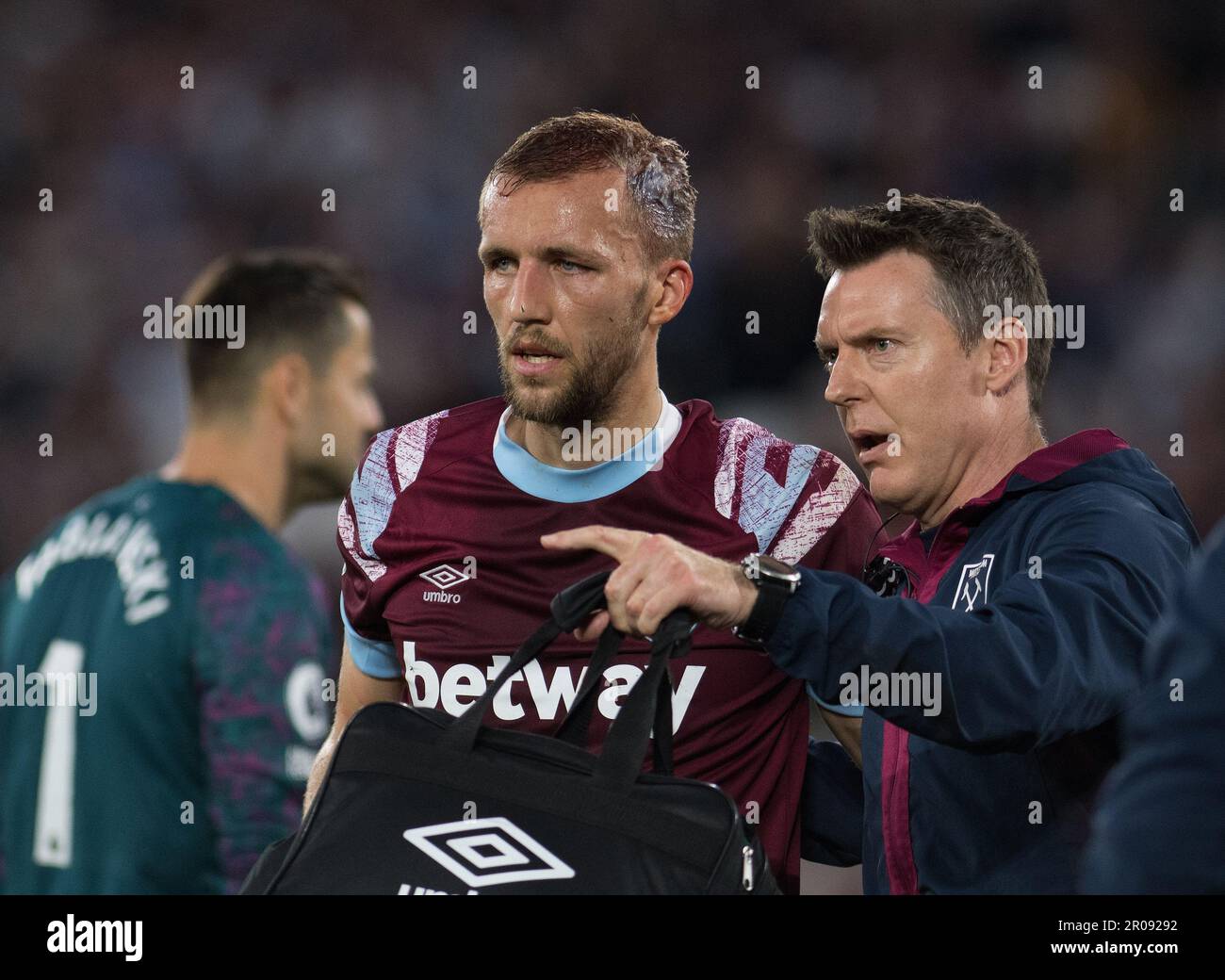 London, UK. 07th May, 2023. Tomas Soucek of West Ham Utd (c) looks ...