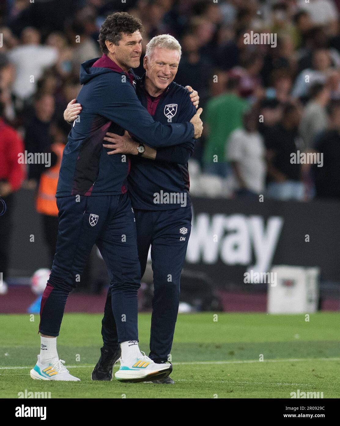 London, UK. 07th May, 2023. David Moyes, the West Ham Utd manager (r ...