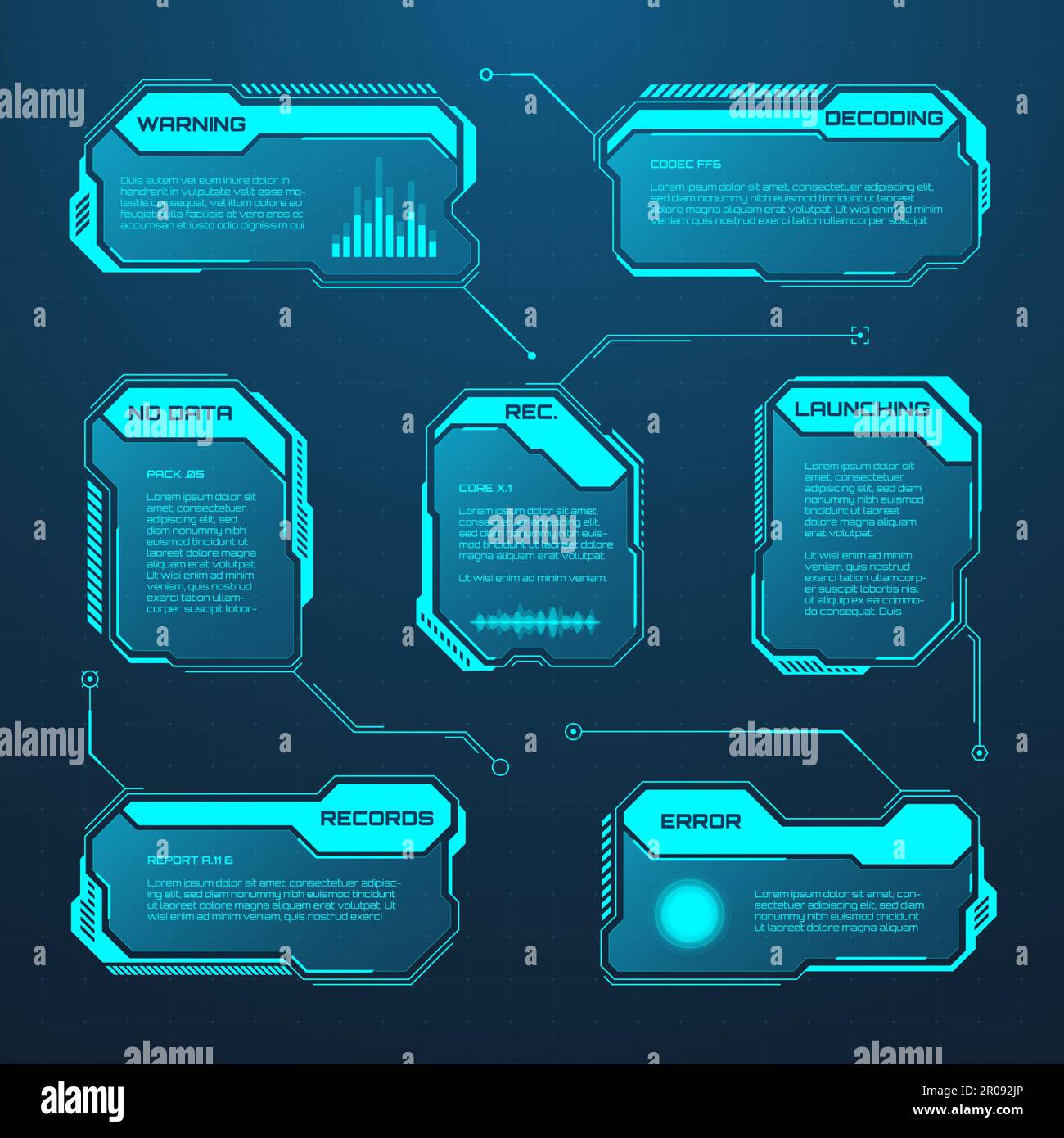 Blue futuristic HUD or UI elements. Sci-fi user interface text boxes ...