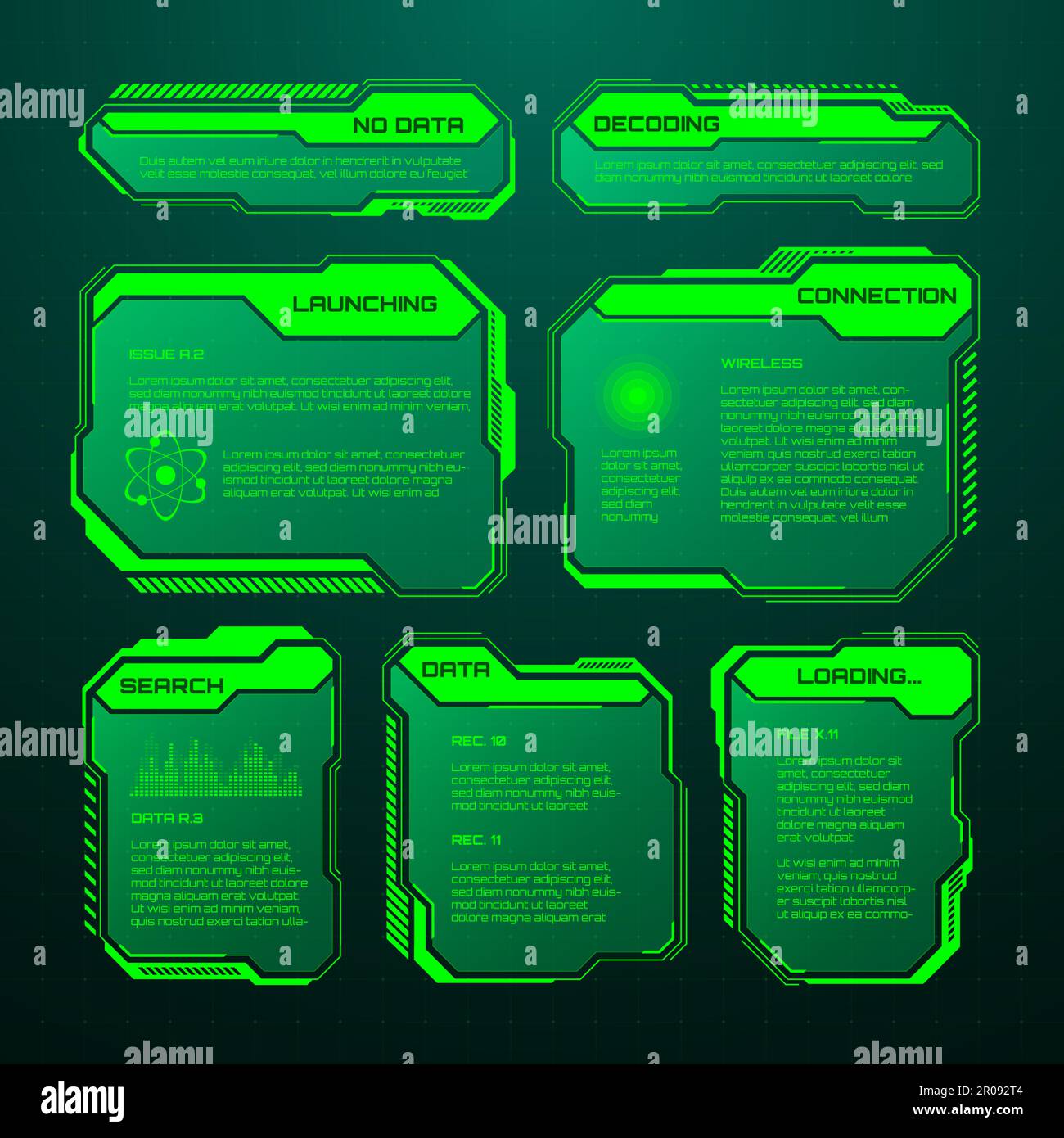 Green futuristic HUD, UI elements. Sci-fi user interface text boxes ...