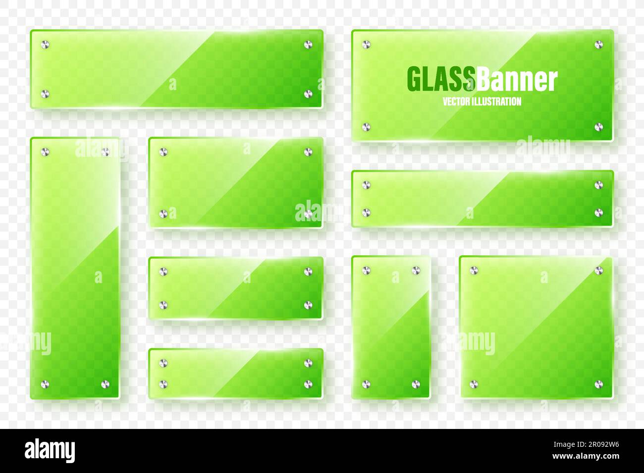 Realistic glass frames collection. Green transparent glass banners with ...