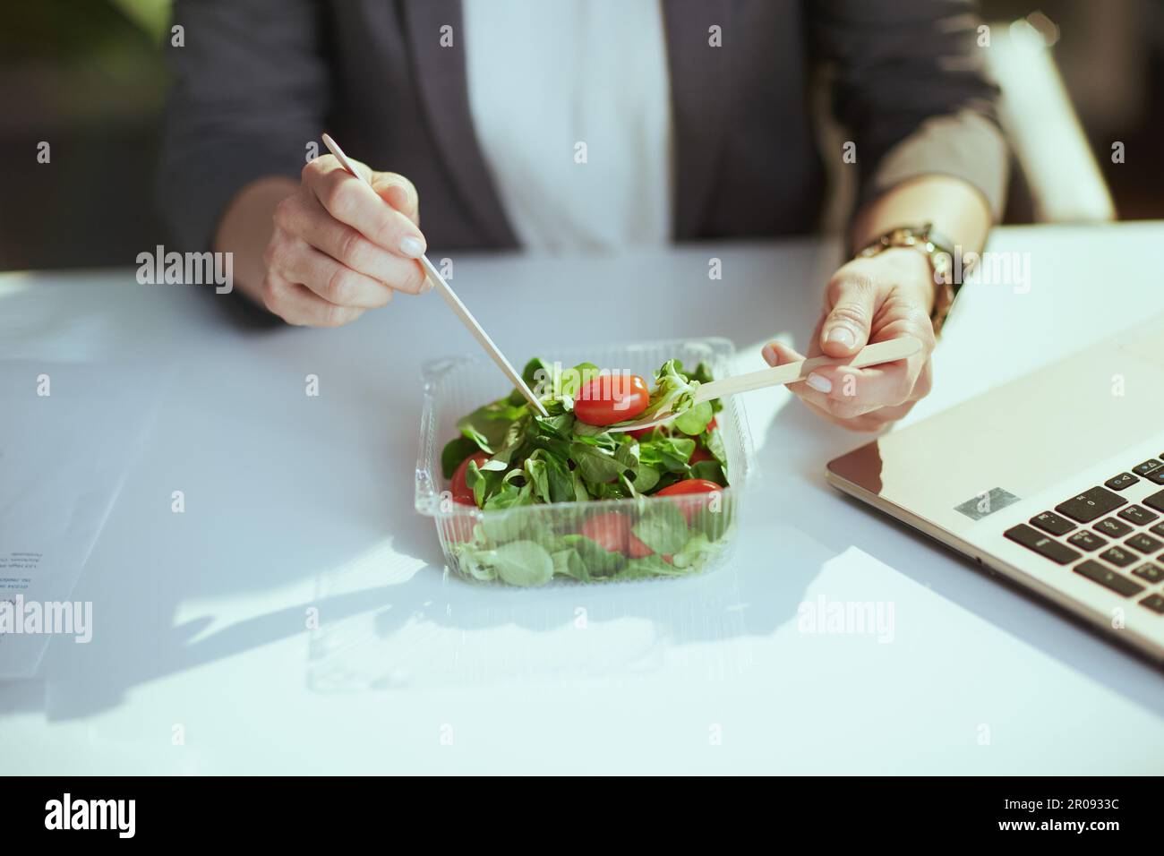 Sustainable workplace. Closeup on woman employee in green office with ...
