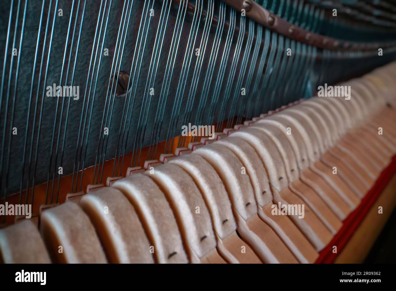 Inside the piano. Close-up view of hammers and strings inside the ...