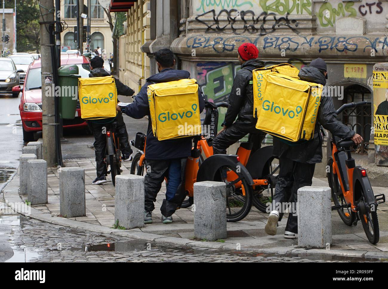 Bucharest, Romania - 20th April, 2023: Several Glovo food delivery ...