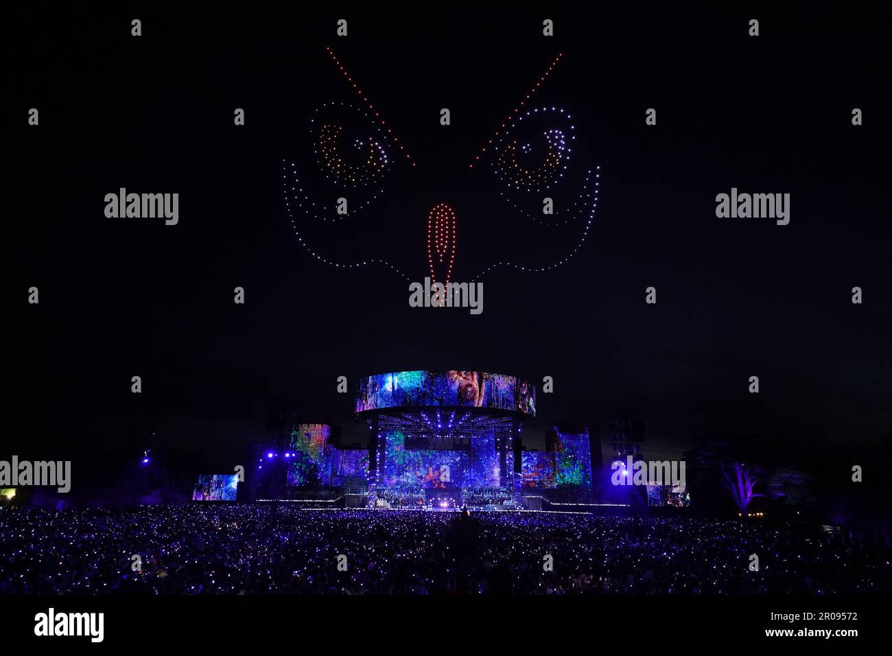A drone light display at the Coronation Concert held in the grounds of ...
