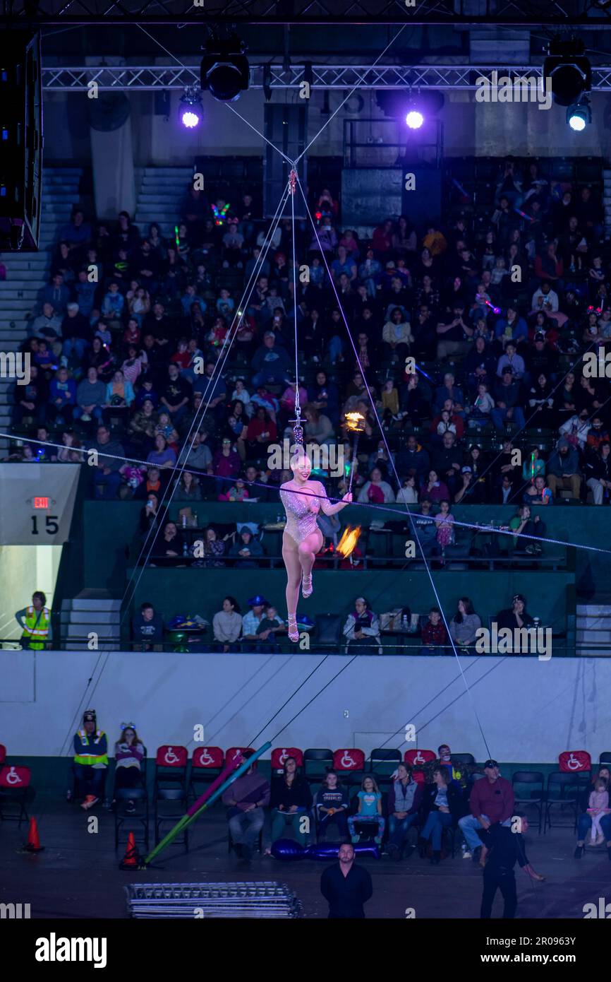 Falcon Heights, Minnesota. Woman acrobat working on the wire and with ...