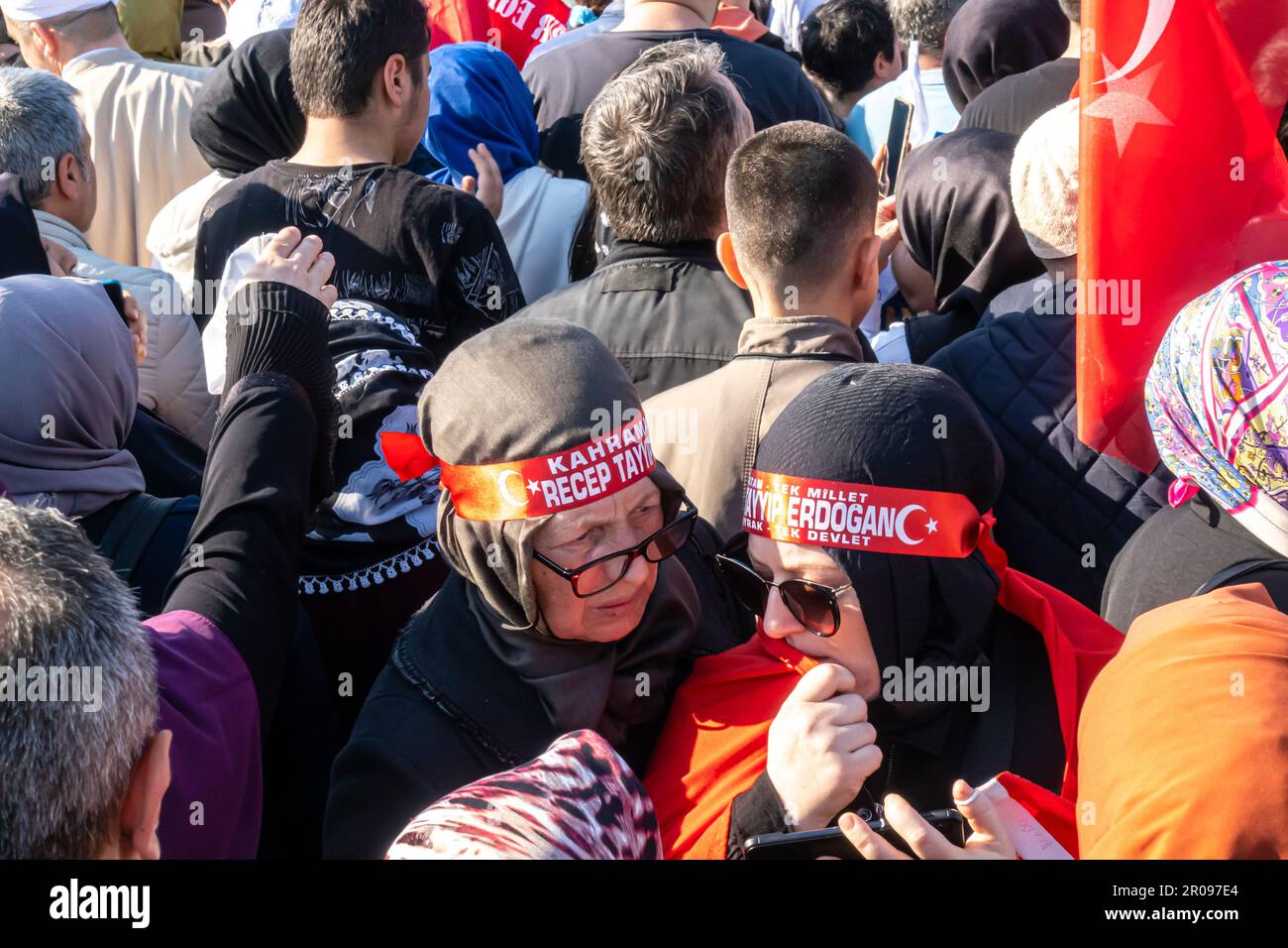 Muslim Turkish women in hidjabs with headbands at president Erdogan ...
