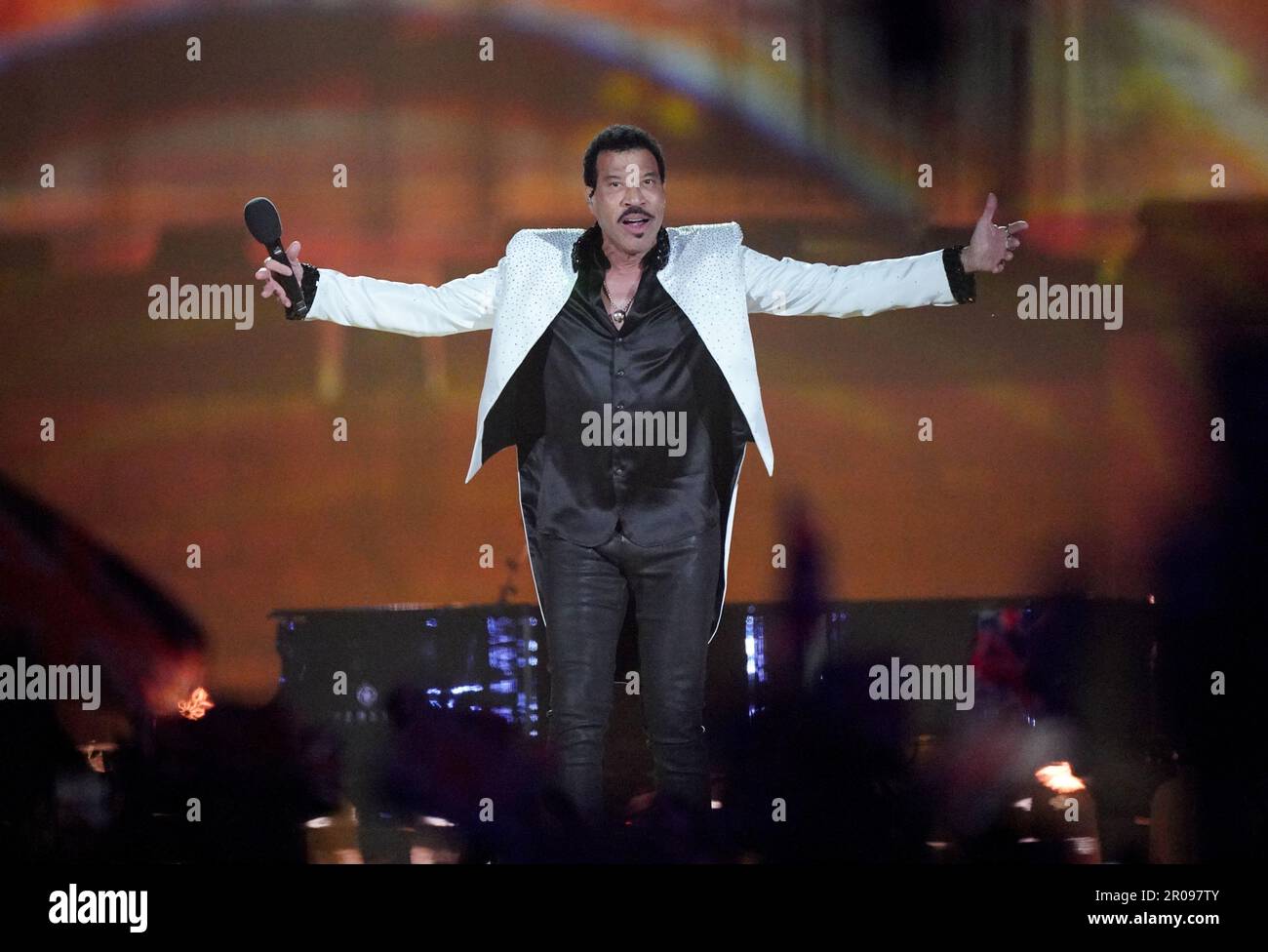 Lionel Richie performing at the Coronation Concert held in the grounds ...