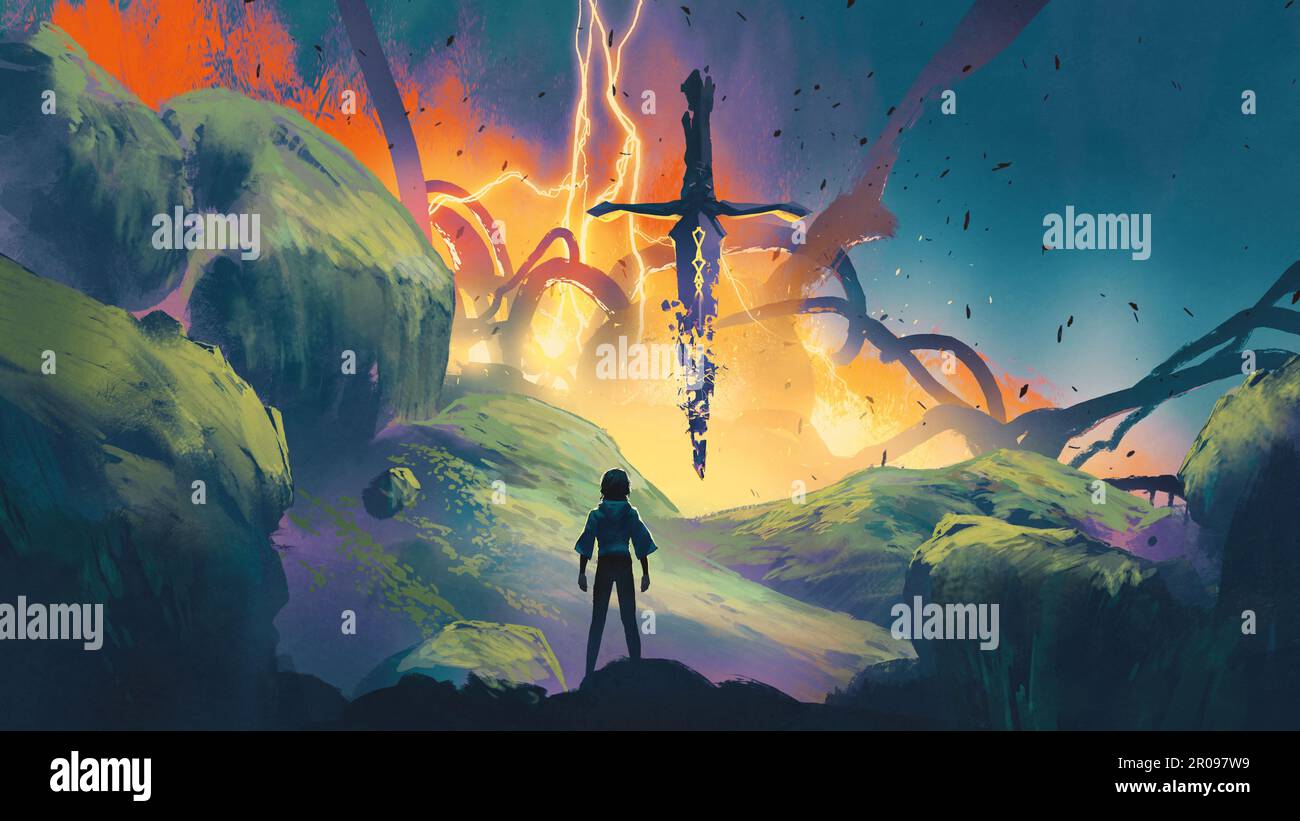 warrior looking up at a huge shattered sword floating in the air ...