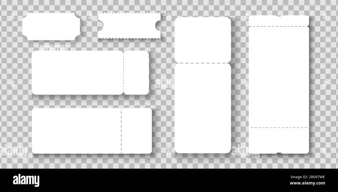 Set of empty ticket or lottery mockups. Blank paper entry tickets for airplane, concert, cinema ...