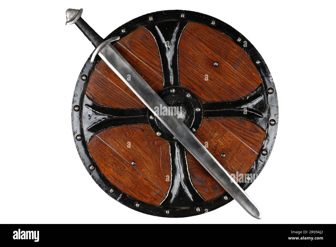 Vintage viking round shield with sword on white background Stock Photo ...