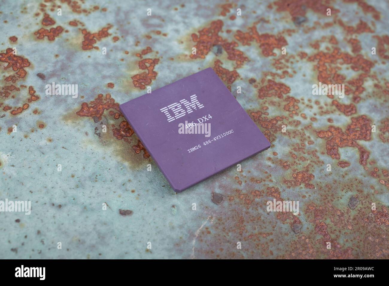 KYIV, UKRAINE - April 22, 2020. IBM 486DX4 processor on rusty metal ...