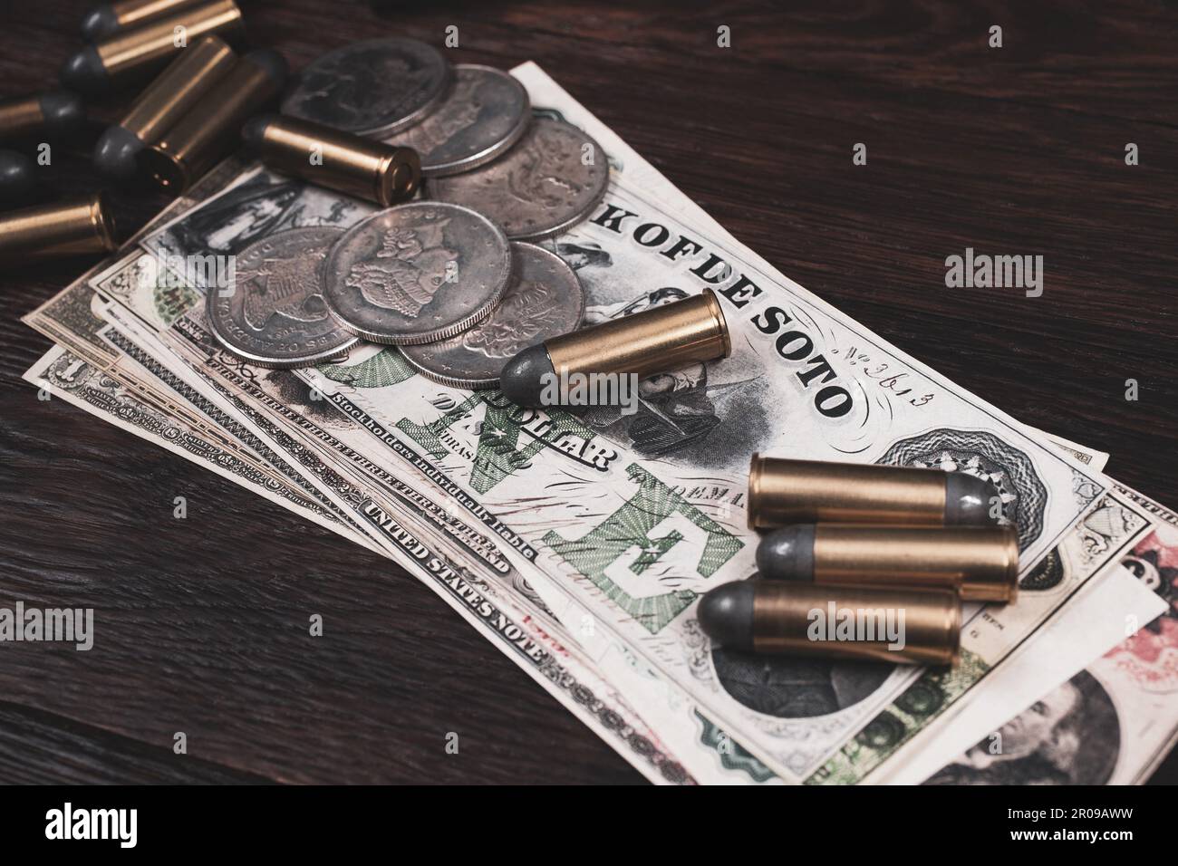 Old west period US banknotes and silver certificates with silver dollar ...