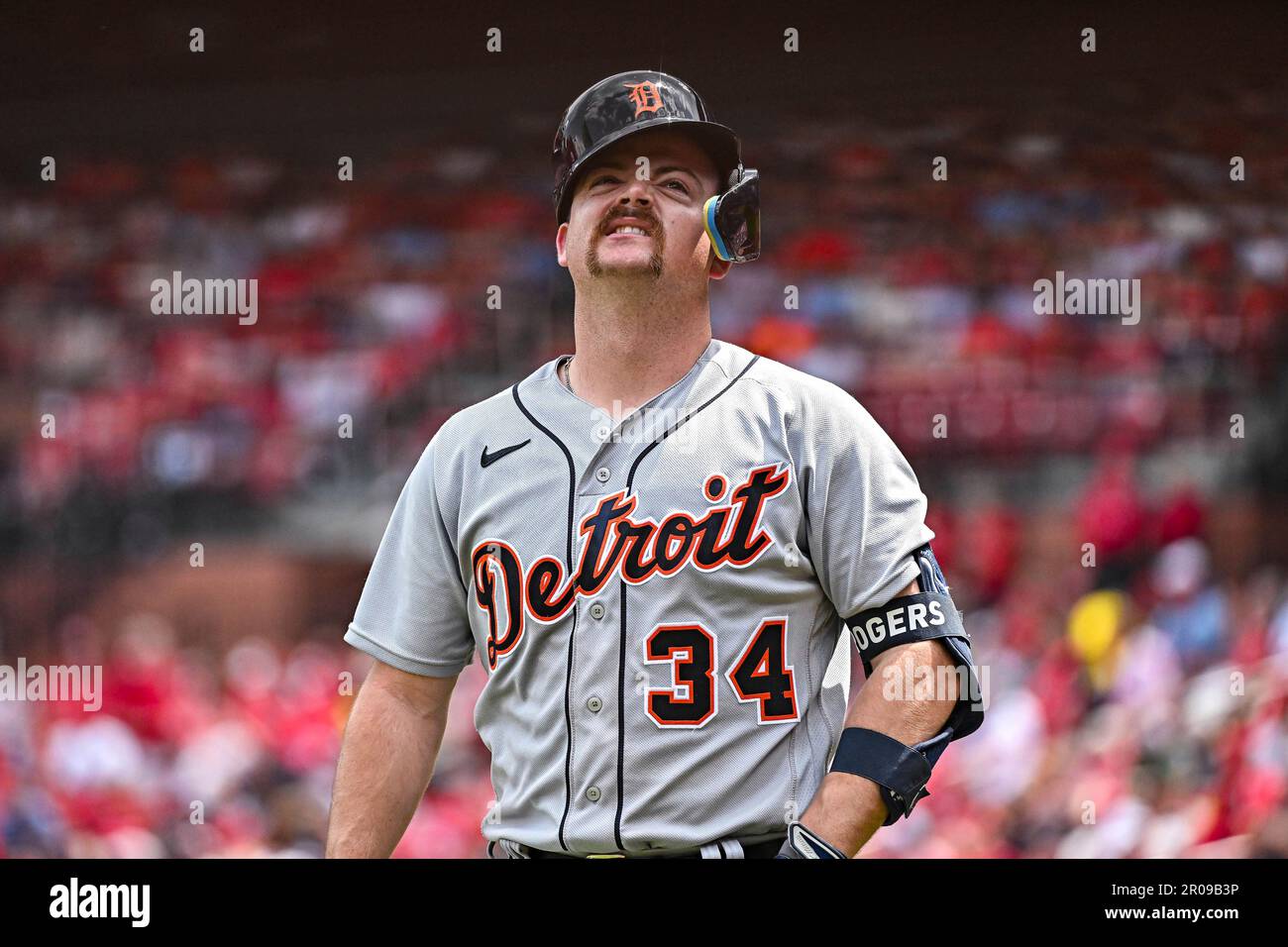 ST. LOUIS, MO - MAY 07: Detroit Tigers catcher Jake Rogers (34) reacts ...