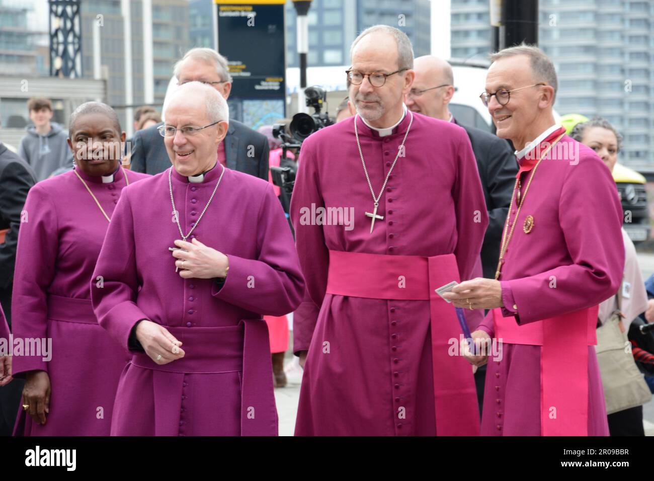 A relaxed Justin Welby heads casually over Lambeth Bridge on his way to ...