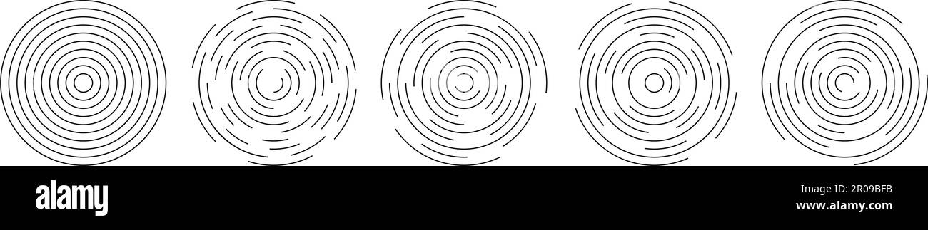 Set of circular ripple symbols. Concentric circles with broken lines isolated on white ...