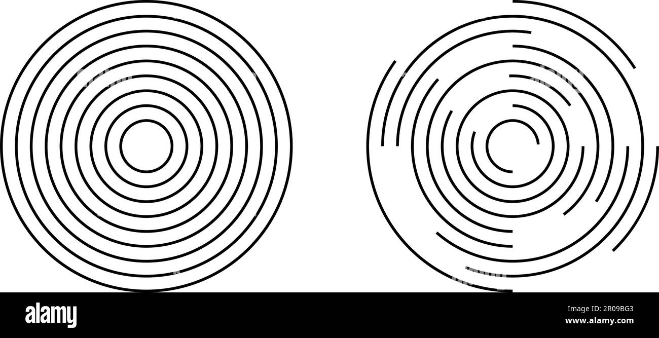 Set of circular ripple icons. Concentric circles with whole and broken ...