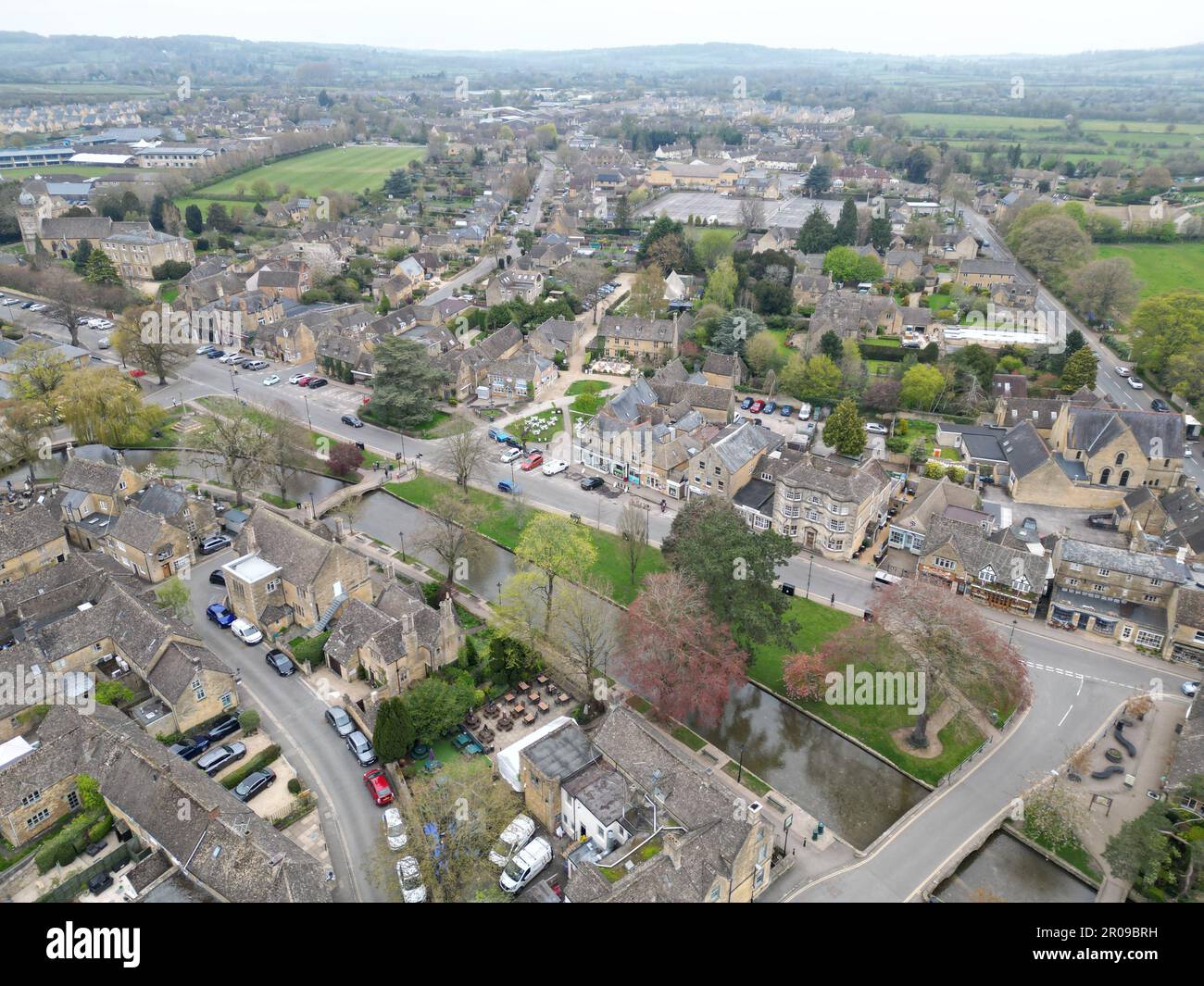 Bourton on the Water Cotswold village UK drone aerial view Stock Photo ...